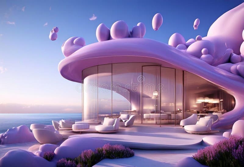 A Striking Purple Wave-shaped Building Stands by the Sea Stock ...