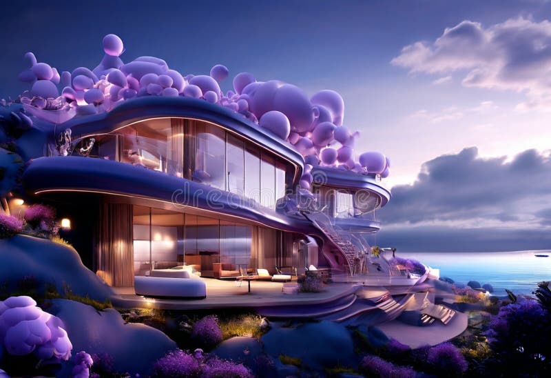 A Striking Purple Wave-shaped Building Stands by the Sea Stock ...