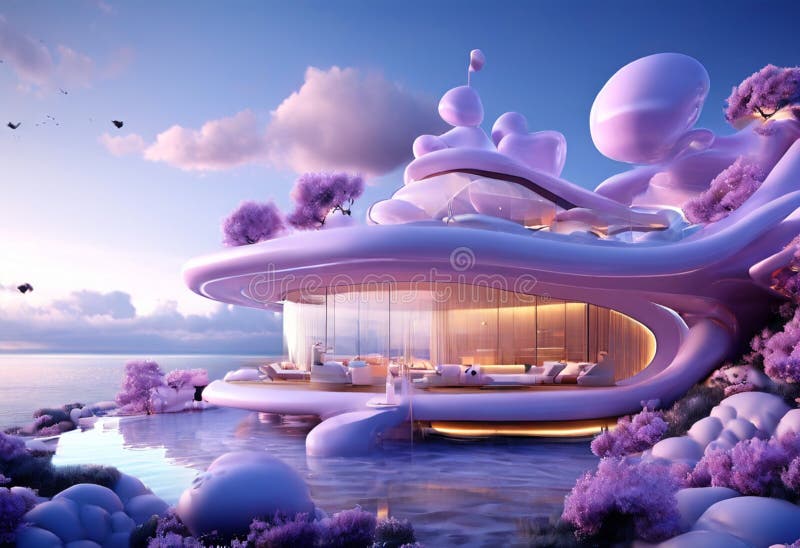 A Striking Purple Wave-shaped Building Stands by the Sea Stock ...