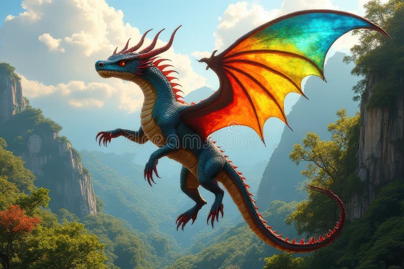 Striking Rainbow Dragon in a Fantasy Setting Stock Illustration ...