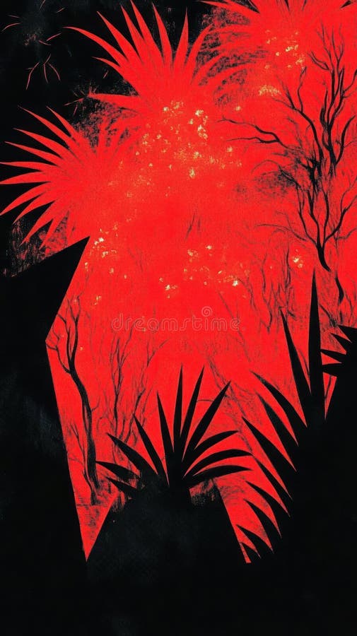 A Striking Red and Black Illustration Featuring Abstract Plant Forms ...