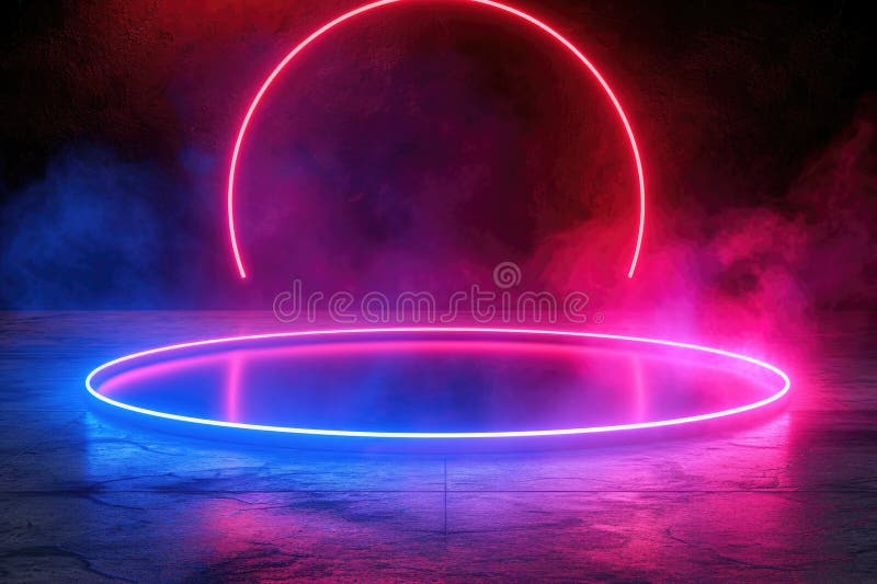 Striking Red and Blue Neon Ring Glowing in Dark Room Stock Photo ...