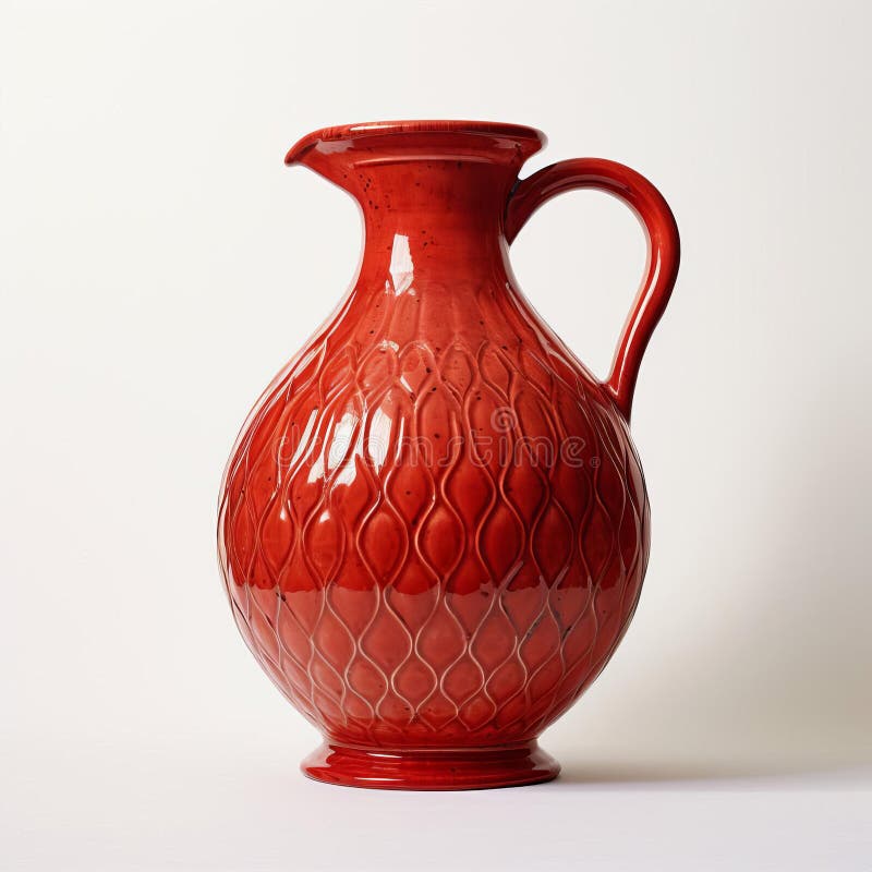 Striking Red Ceramic Pitcher with Glossy Finish and Pattern Stock ...