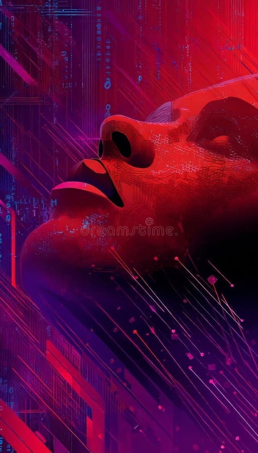 Striking Red Digital Face in a Dynamic Purple and Red Cyber Grid ...