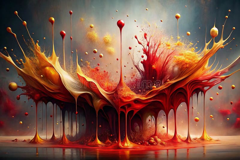 Striking Red and Gold Liquid Paint Splatter with Bold Dynamic Drips and ...