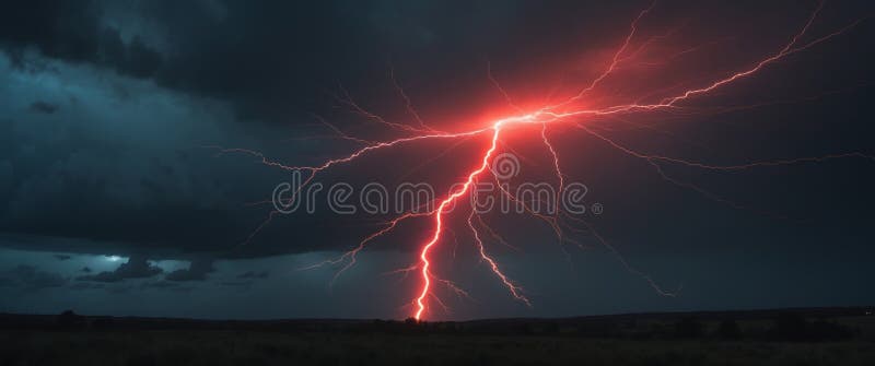 Striking Red Lightning Bolt Illuminates the Dark Sky Stock Photo ...