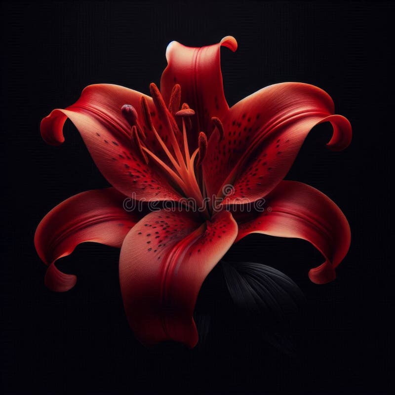 Striking Red Lily Flower on a Solid Black Background Stock Illustration ...