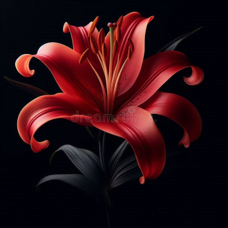 Striking Red Lily Flower on a Solid Black Background Stock Illustration ...