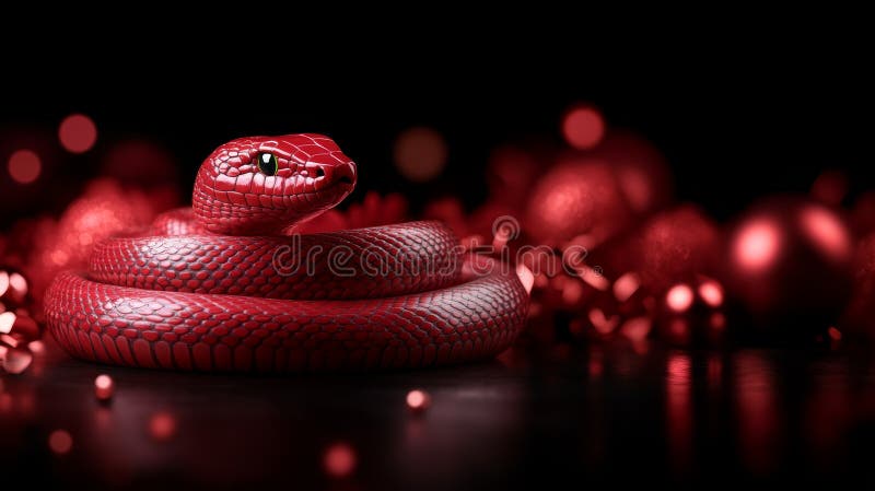 A Striking Red Snake Coiled Elegantly among Sparkling Red Decorations ...