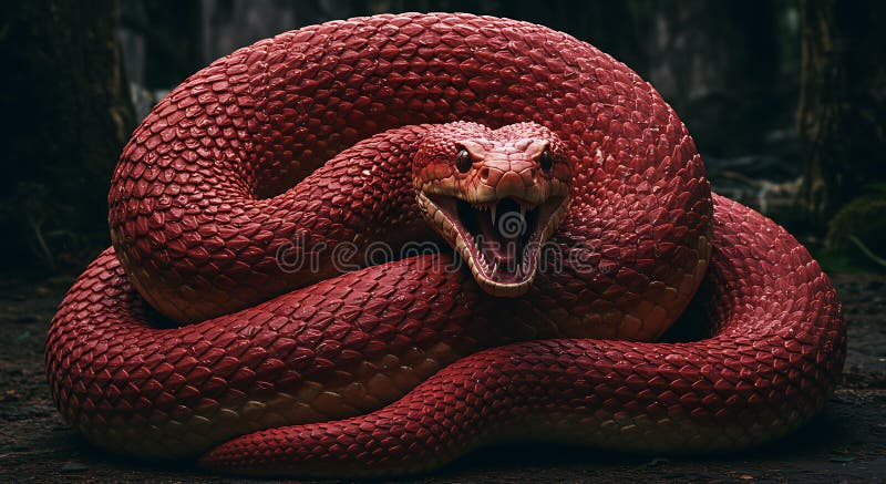 Vibrant Red Snake Coiled in a Defensive Pose on Forest Floor. Stock ...