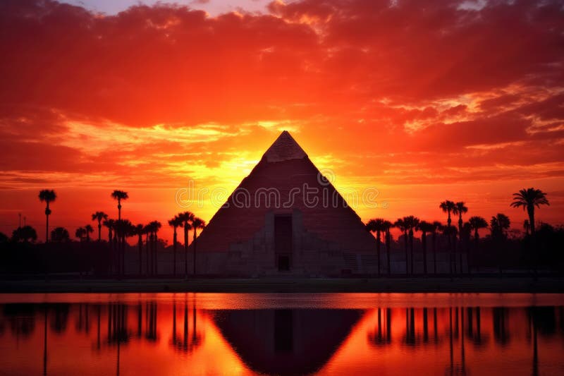 Striking Red Sunset Behind Pyramid Stock Illustration - Illustration of ...