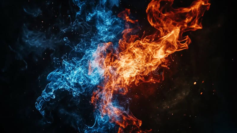 Dynamic Clash of Blue and Orange Flames Creating Vibrant Smoke Patterns ...