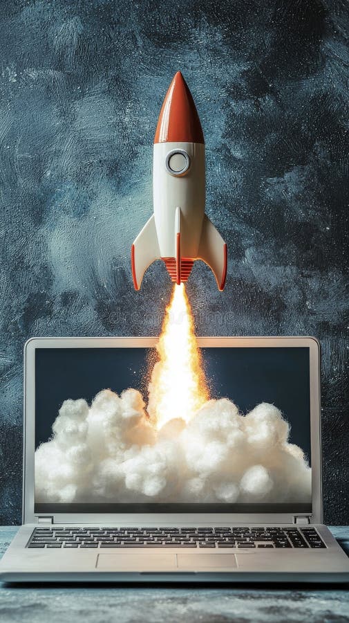 Rocket Ascends from a Laptop Amidst Vibrant Clouds Stock Illustration ...