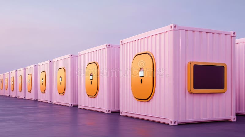 Row of Pink Shipping Containers with Orange Access Panels and Screens ...
