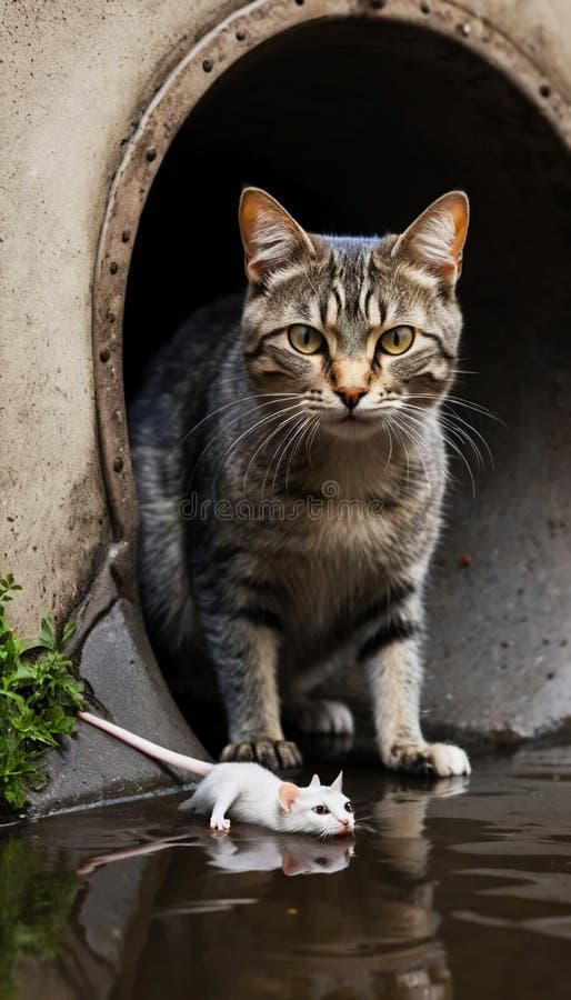 A Dramatic Encounter: Cat and Mouse in a Drain Pipe with Water ...