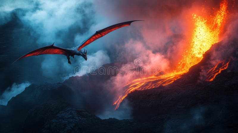 A Striking Scene of a Dragon Soaring Above a Volcanic Eruption. the ...
