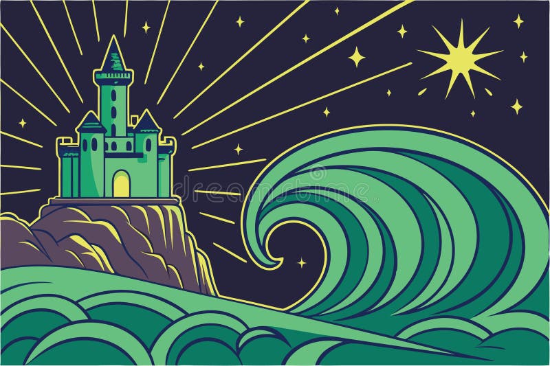 Dramatic Castle Scene Radiant Sky and Swirling Ocean Waves Stock Vector ...