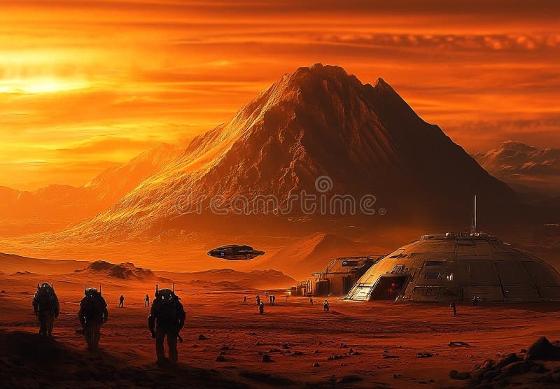 Mars Colony at Sunset â€ Astronauts Exploring Red Planet Settlement ...