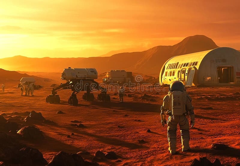 Mars Colony at Sunset â€ Astronauts Exploring Red Planet Settlement ...