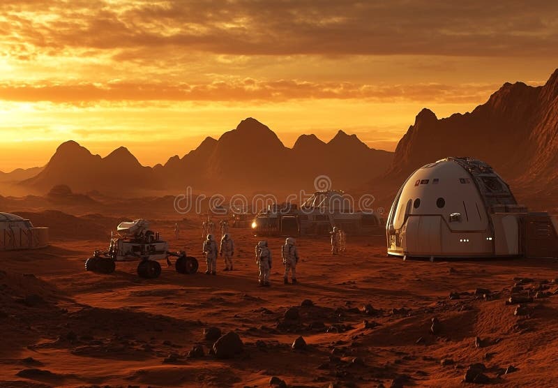 Mars Colony at Sunset â€ Astronauts Exploring Red Planet Settlement ...