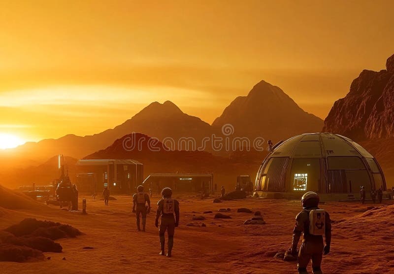 Mars Colony at Sunset â€ Astronauts Exploring Red Planet Settlement ...