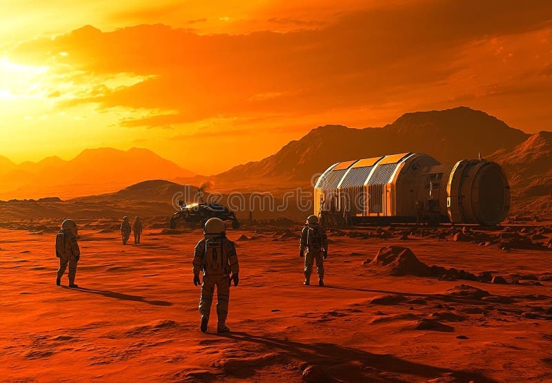 Mars Colony at Sunset â€ Astronauts Exploring Red Planet Settlement ...