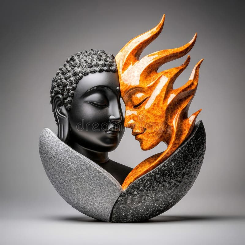A Striking Sculpture of Dual Faces, One Half Representing a Tranquil ...