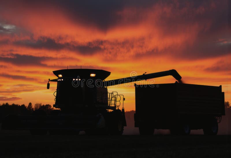 Combine Harvester Unloading Grain into Trailer at Sunset Stock Photo ...