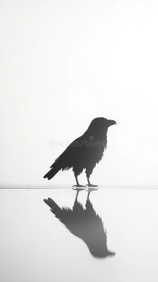 Silhouette of a Crow Standing with Reflection on a Smooth Surface ...