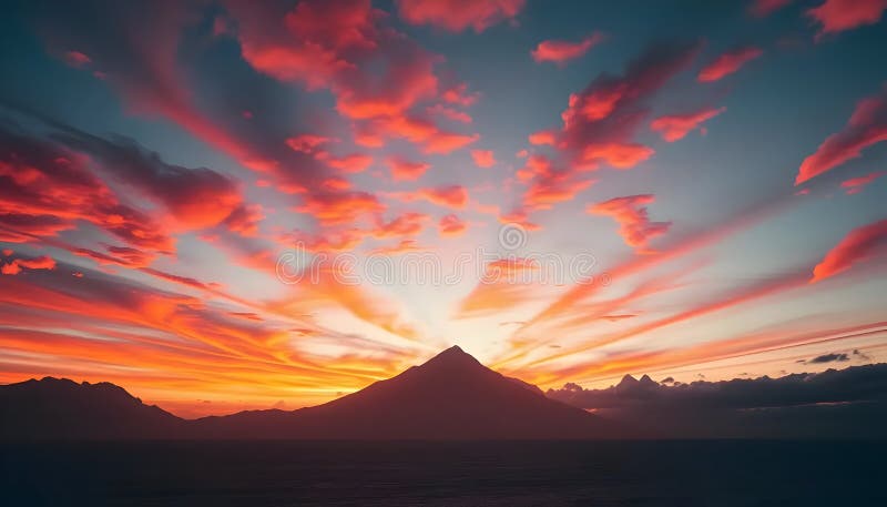 Silhouetted Mountain Range Under Vibrant Orange and Red Sunset with Dramatic Cloudscape and Cool ...