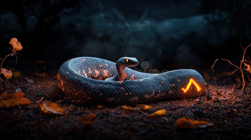 A Striking Snake Coiled on the Ground with Glowing Patterns Dark Forest ...