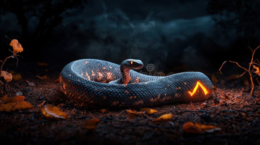 A Striking Snake Coiled on the Ground with Glowing Patterns Dark Forest ...