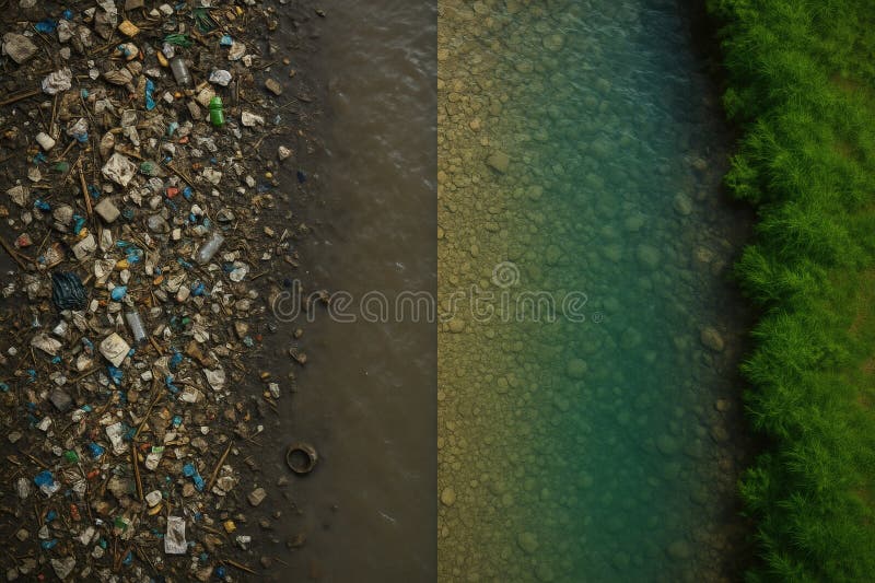 Before and after River Pollution - Split Aerial View of Dirty and Clean ...