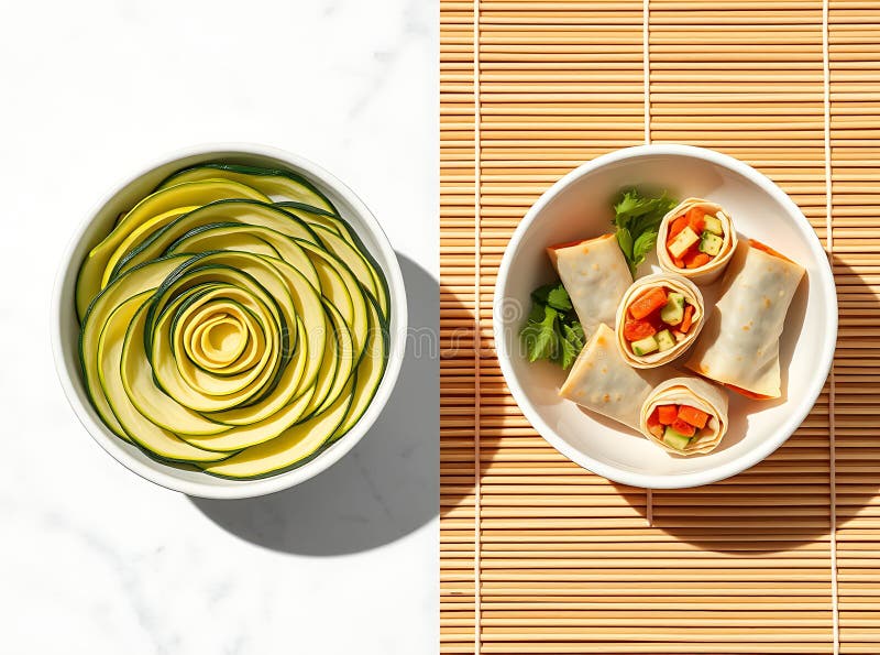 Healthy Zucchini Roses and Fresh Vegetable Wraps Split Composition, Ai ...