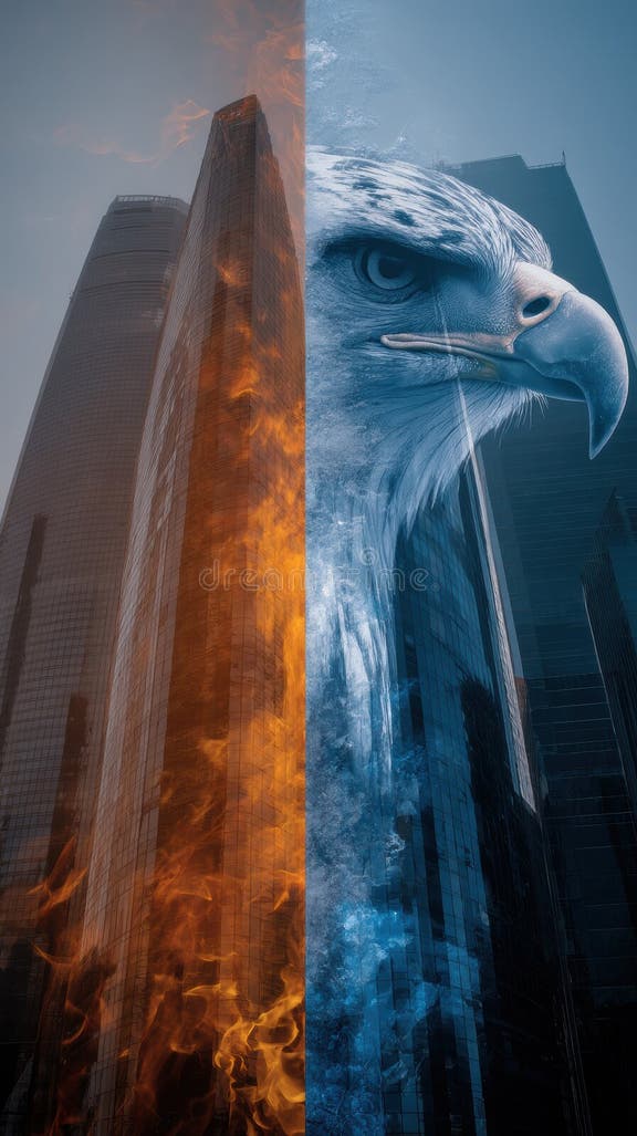 Striking Split Image of Modern Skyscraper with Fire on One Side and Ice ...