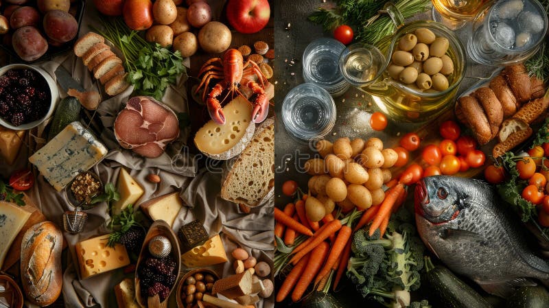 A Striking Split Screen Image Featuring an Array of Luxurious Gourmet ...