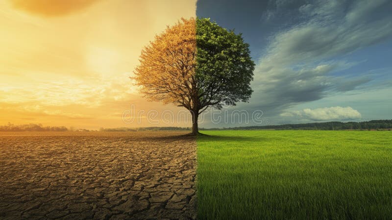 A Striking Split Screen Photography of Climate Change Half Tree on Dry ...