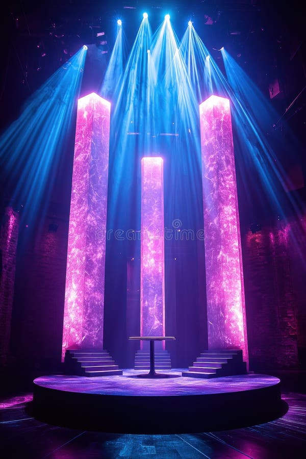 Futuristic Stage with Glowing Neon Pillars Under Dramatic Blue and Pink ...