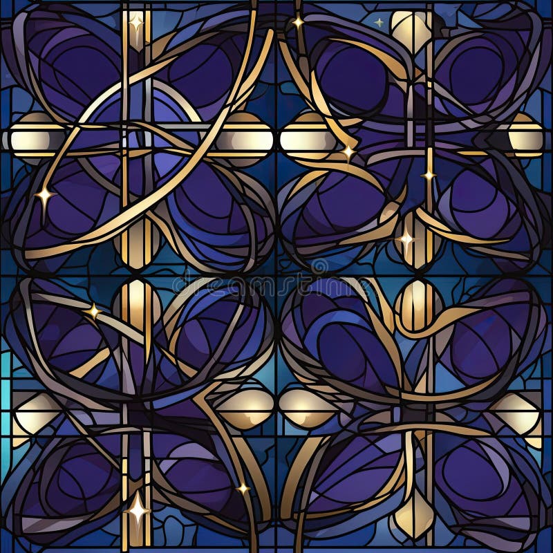 Striking Stained Glass Window with Blue, Gold, and Decorative Patterns ...