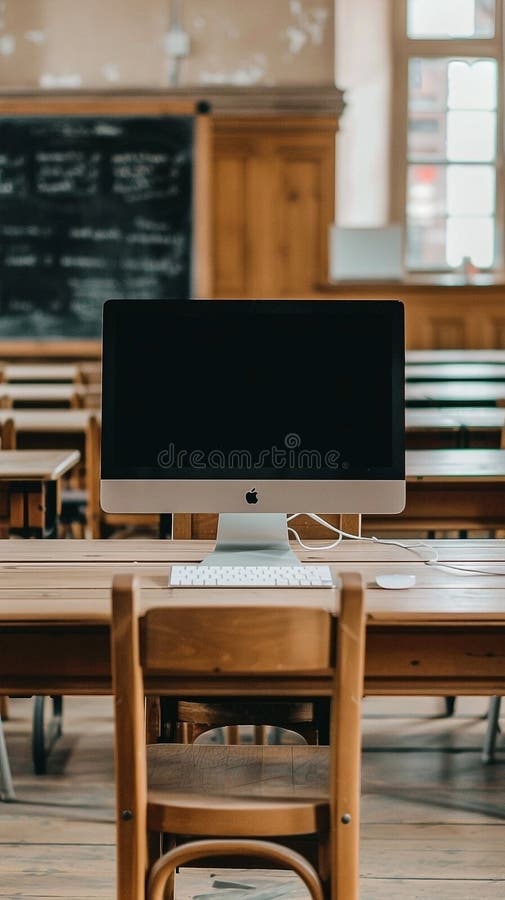 Empty Classroom with Computer on Desk - Modern Education Technology ...