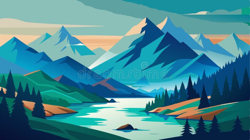 Dramatic Teal Mountain Lake Landscape Illustration Stock Vector ...