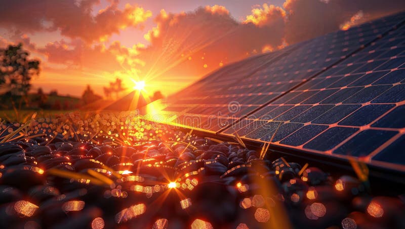 Sunset Spectacle: Solar Panels in Twilight, Generative Ai Stock ...