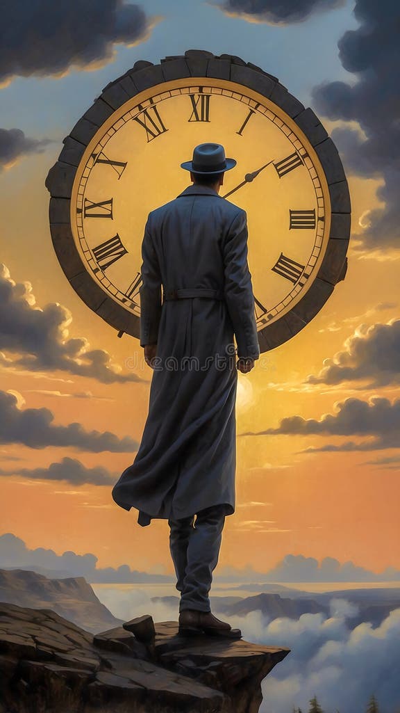 Surreal Image of Man Standing before Giant Clock, Representing the ...