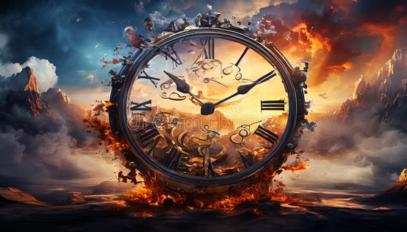 Surreal Depiction of Time with a Melting Clock in Flames Stock Photo ...