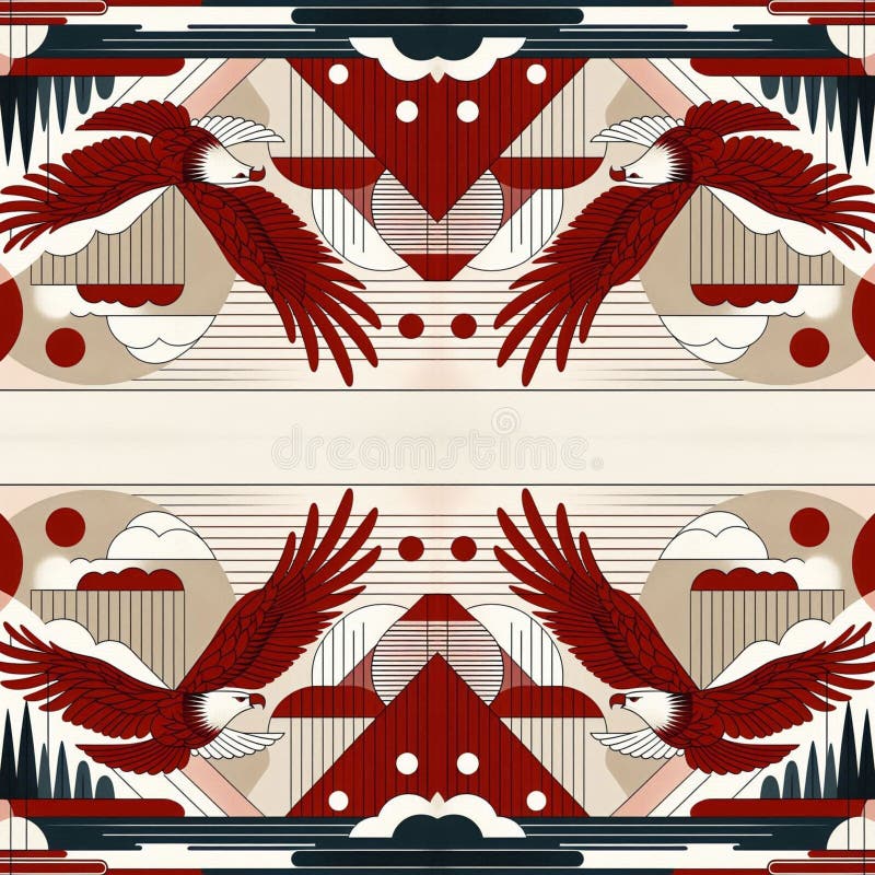 Seamless Pattern with Red Eagles, Abstract Shapes, and Geometric Design ...