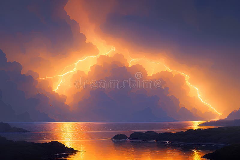 Striking Thunder in between the Cloudy Clouds Scenery on the Sea ...
