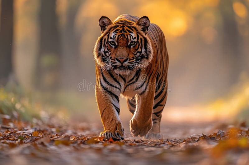 Majestic Tiger Walking Towards the Camera in Autumn Forest Stock ...