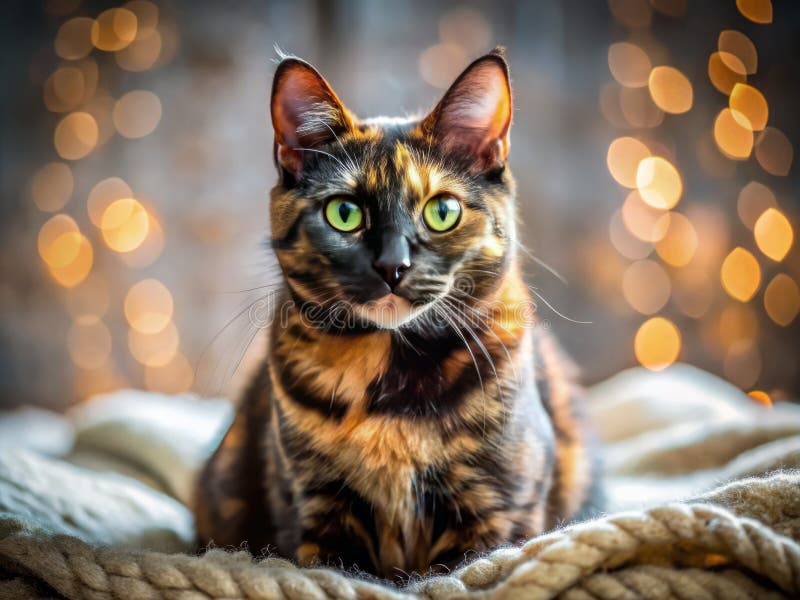 A Striking Tortoise Shell Cat, Gracefully Posing on a Plush Blanket in ...