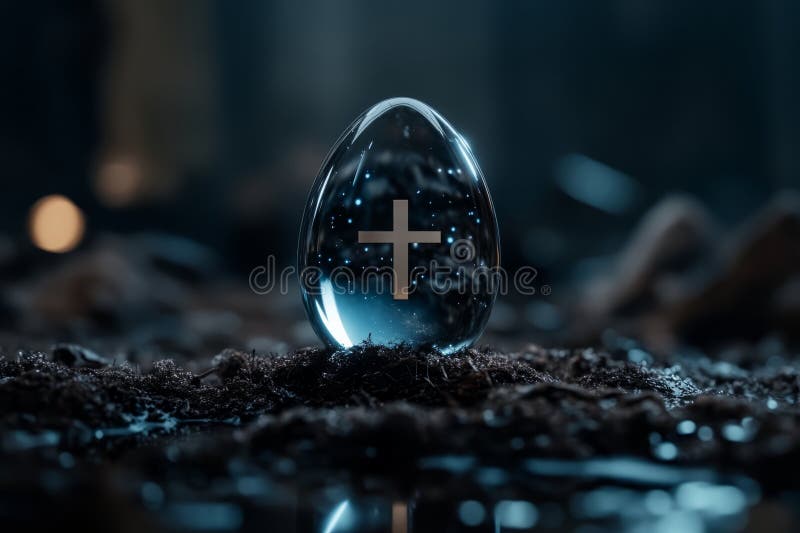 Transparent Egg Shape with Cross Symbol on Dark Background and Earthy ...