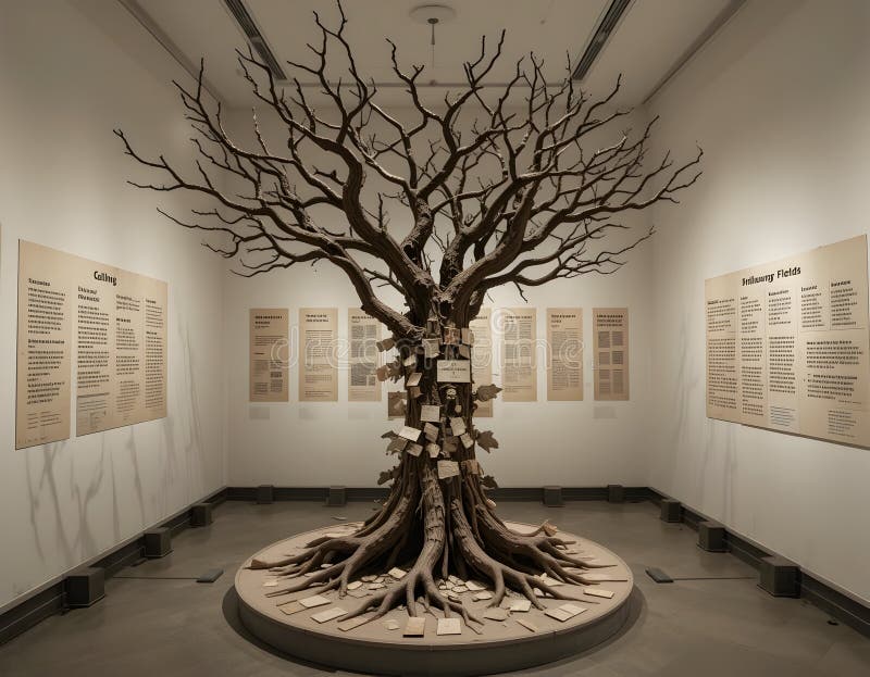 Exhibition Featuring Bare Tree Sculpture with Root Details in Gallery ...